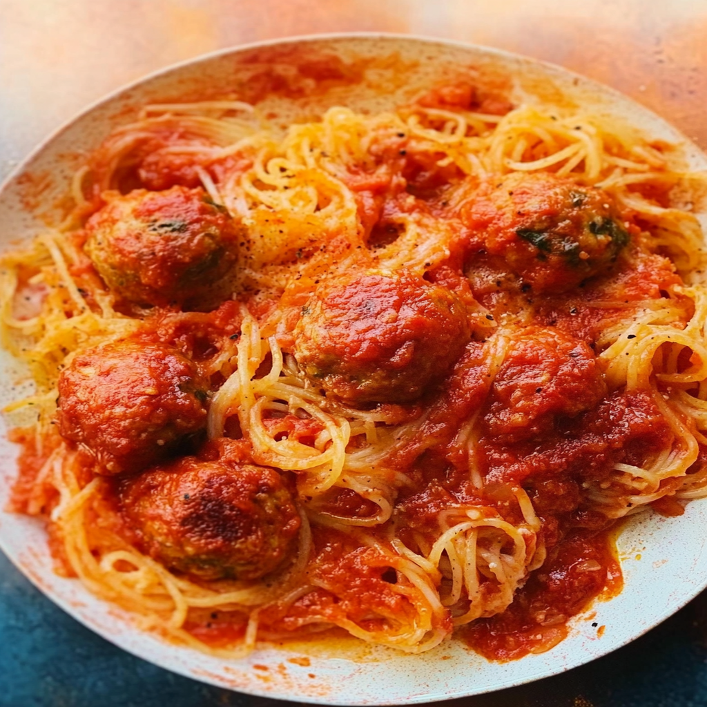 Spaghetti with Marinara Sauce and Halal Meatballs