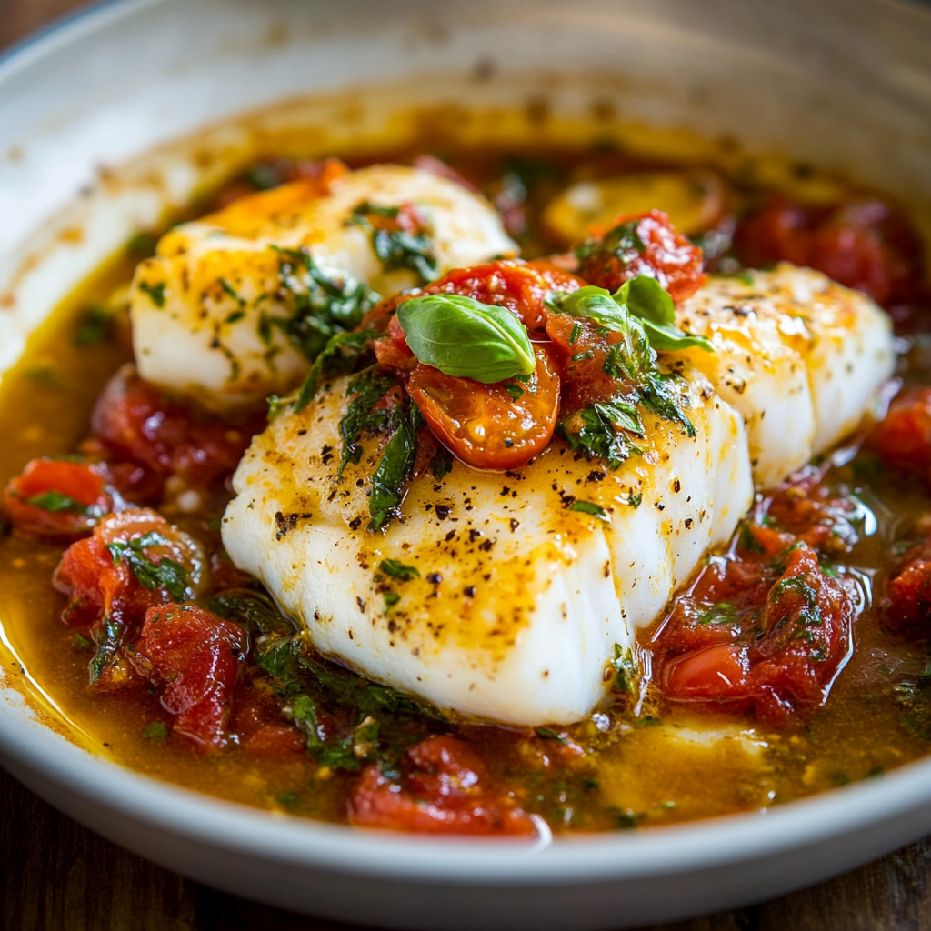 Pan Seared Mediterranean Cod in Tomato Basil Sauce
