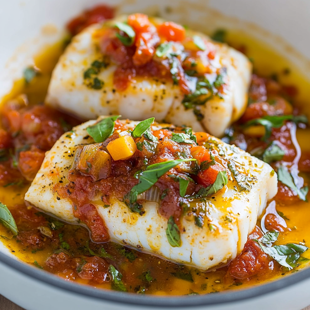 Pan Seared Mediterranean Cod in Tomato Basil Sauce